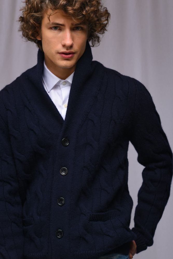 Cable Knit Cardigan for Men, Navy - AmiAmalia Luxury Knitwear