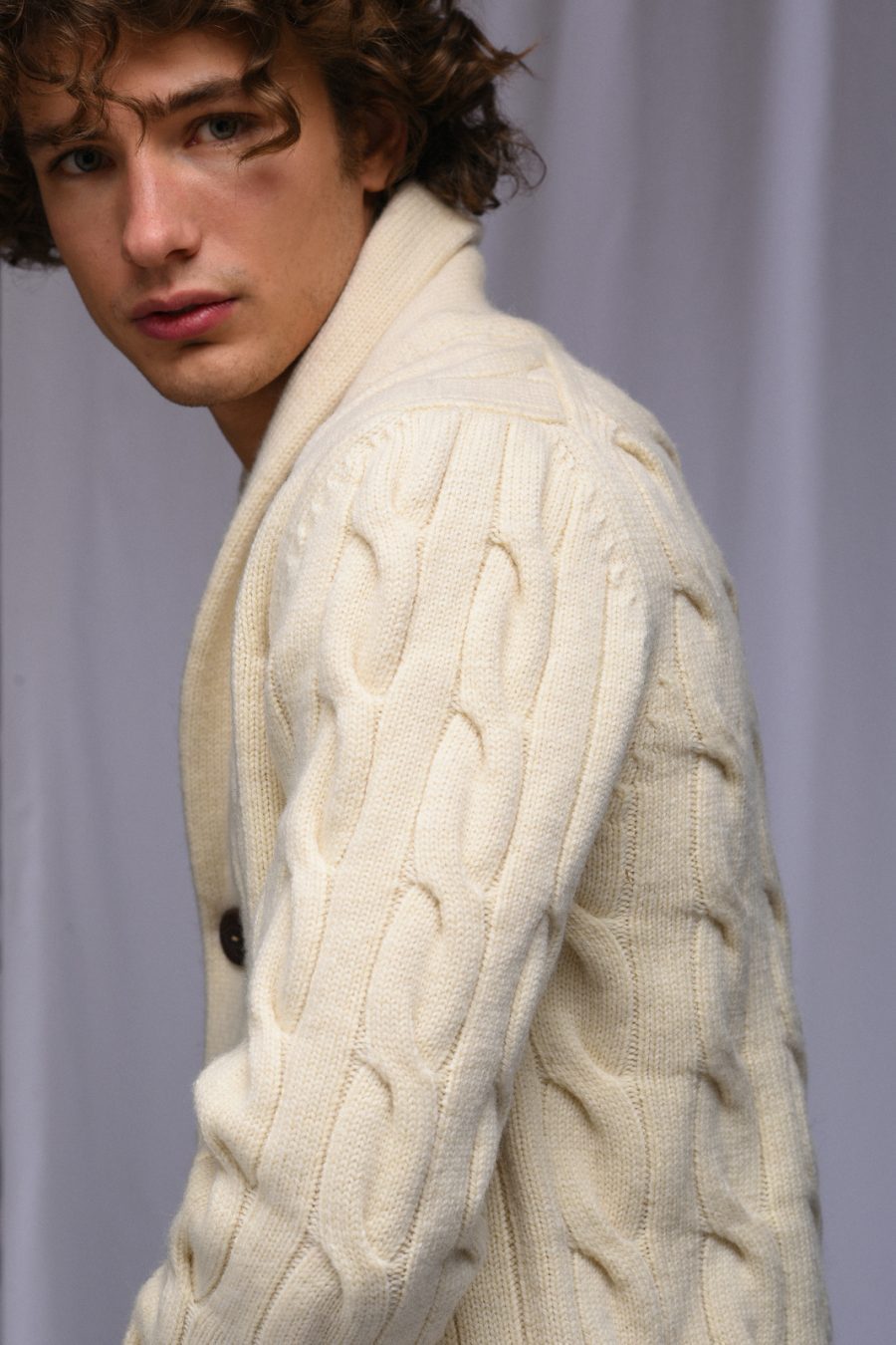 Cable Knit Cardigan for Men, Organic White - AmiAmalia Luxury Knitwear