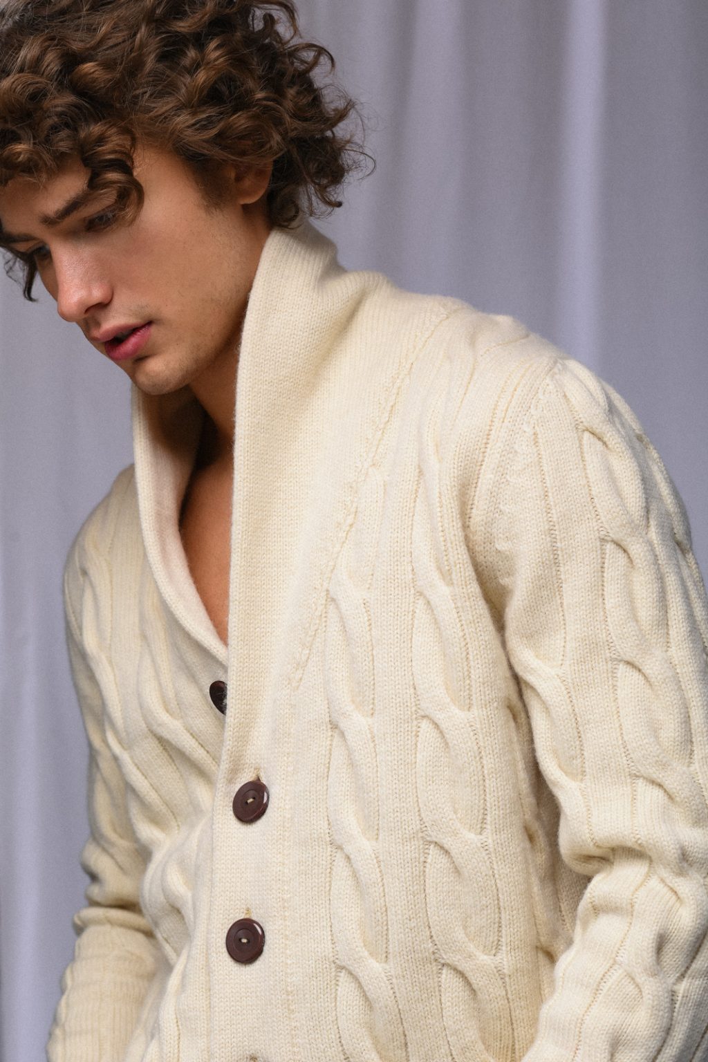 Cable Knit Cardigan for Men, Organic White - AmiAmalia Luxury Knitwear