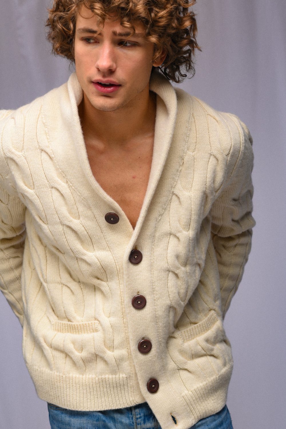 Cable Knit Cardigan for Men, Organic White - AmiAmalia Luxury Knitwear