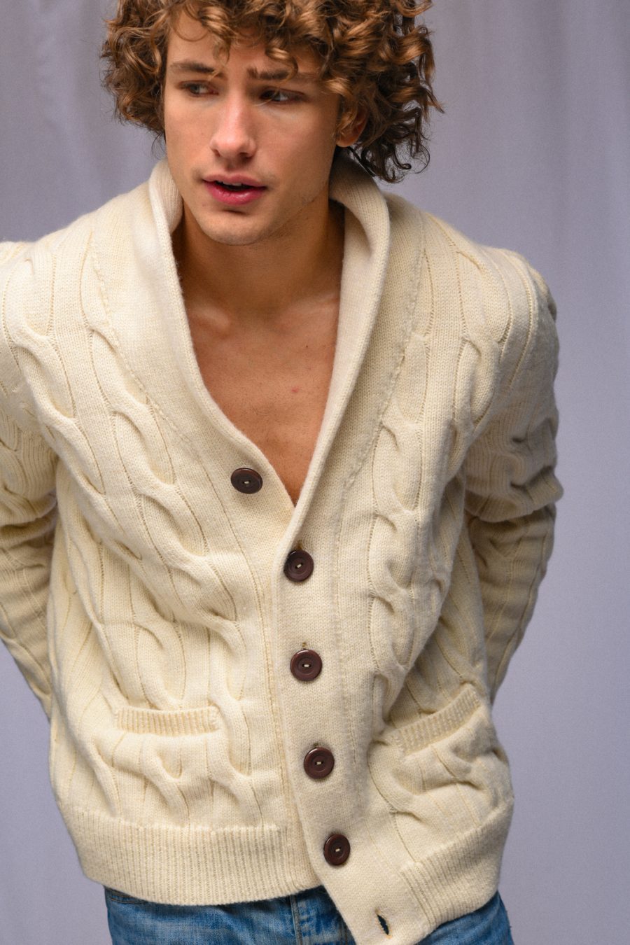 Cable Knit Cardigan for Men, Organic White - AmiAmalia Luxury Knitwear