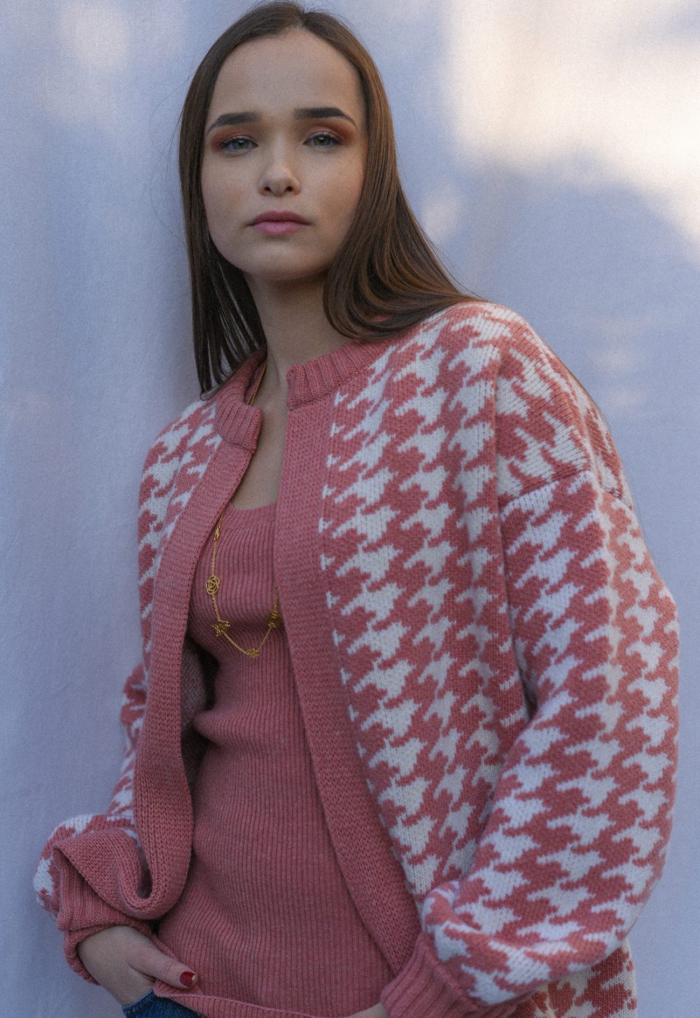 Houndstooth jacket, Blush - Ami Amalia Luxury Knitwear