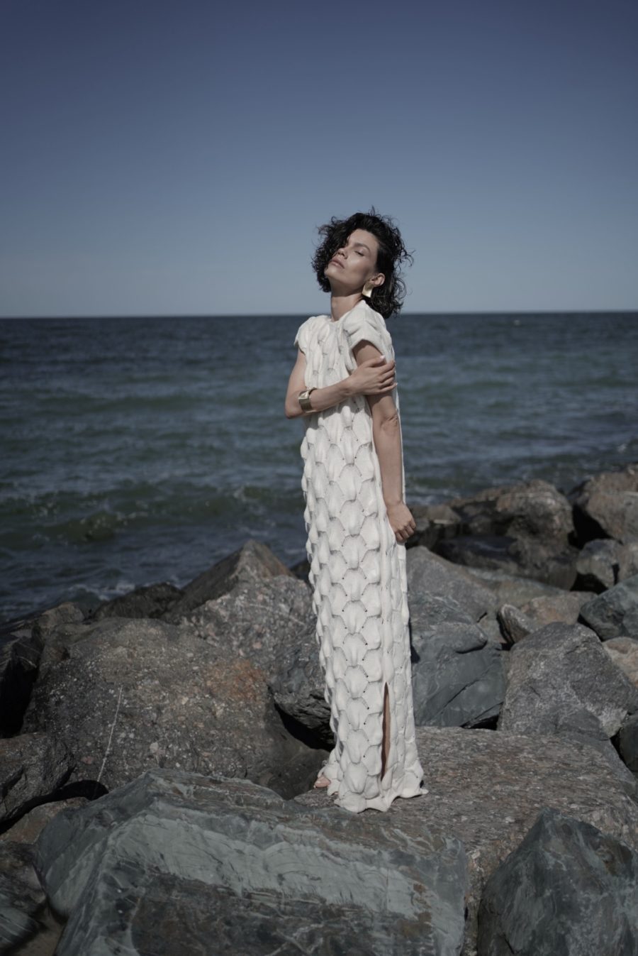 "Seashell" Dress, Extrafine Merino, White - AmiAmalia Luxury Knitwear