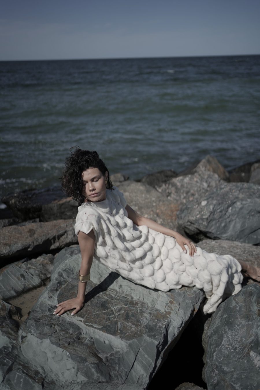 "Seashell" Dress, Extrafine Merino, White - AmiAmalia Luxury Knitwear