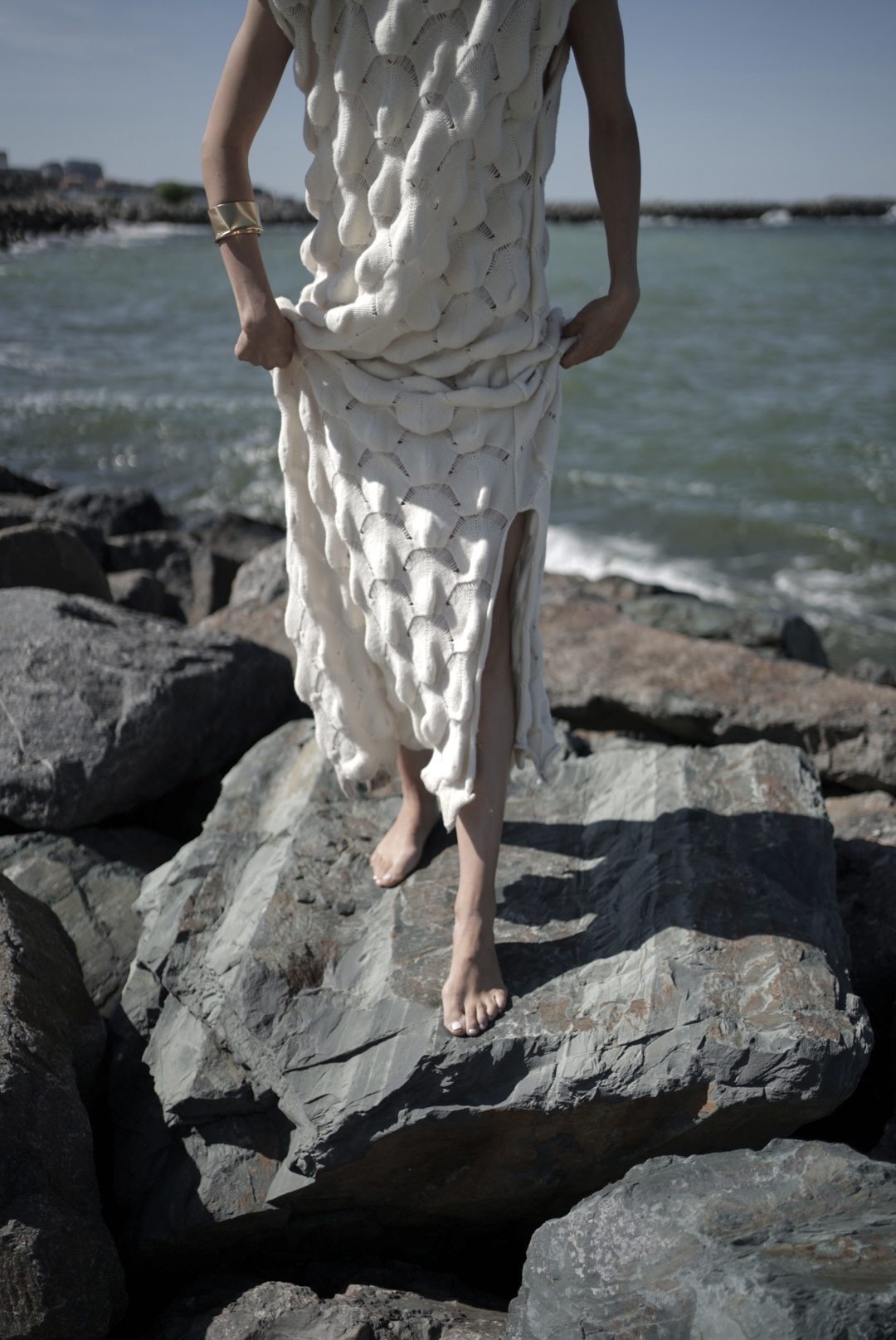 "Seashell" Dress, Extrafine Merino, White - AmiAmalia Luxury Knitwear