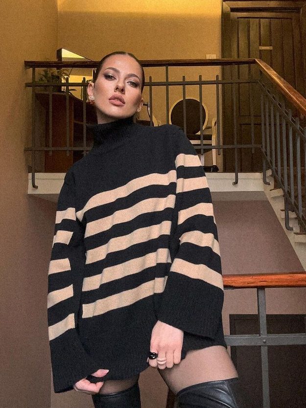 "Interrupted Stripes" Turtleneck Sweater, Black and Warm Sand ...
